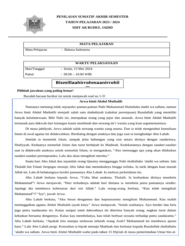 SOAL UJIAN SAS BIND 2024 | PDF