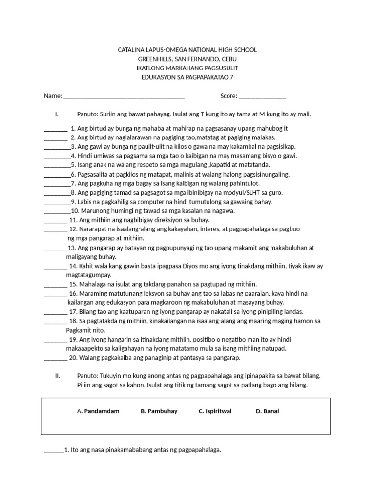 Pandamdam B. Pambuhay C. Ispiritwal D. Banal | PDF