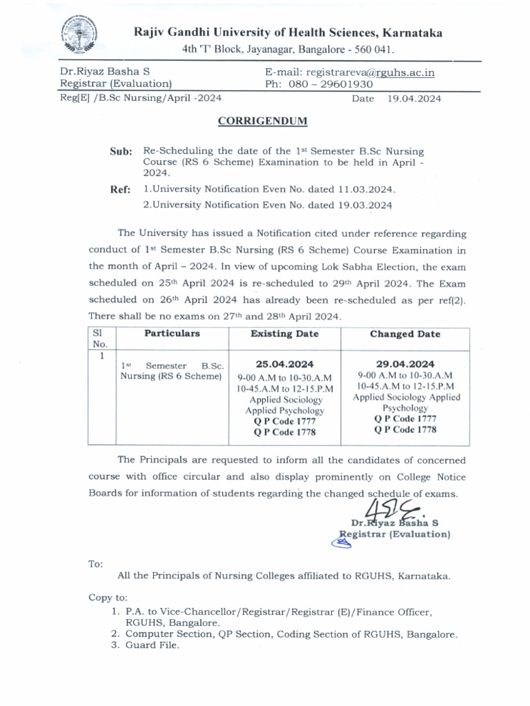 Re Scheduling The Date of 1st Semester B.SC Nursing RS 6 - April 2024 ...