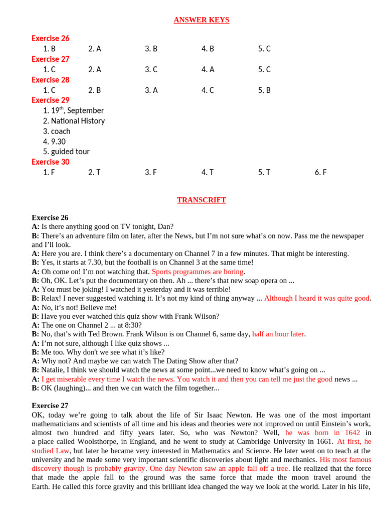 Answer Keys + Transcrift | PDF