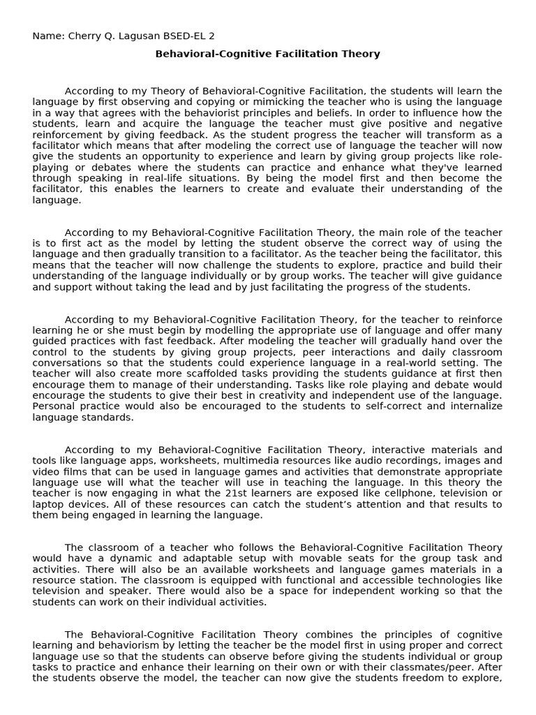 Behavioral-Cognitive Facilitation Theory | PDF