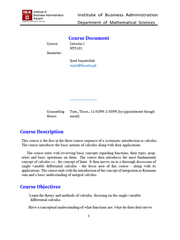 Calculus 1 Course Outline 2024 Spring | PDF