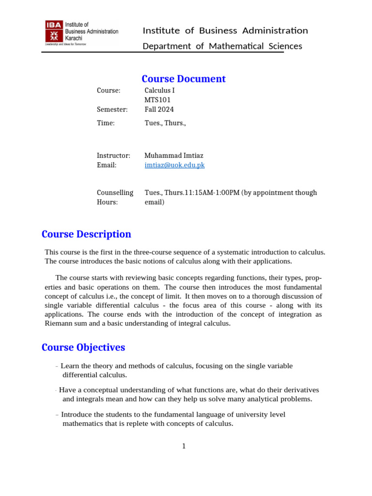 Calculus 1 course outline 2024 Fall Imtiaz | PDF