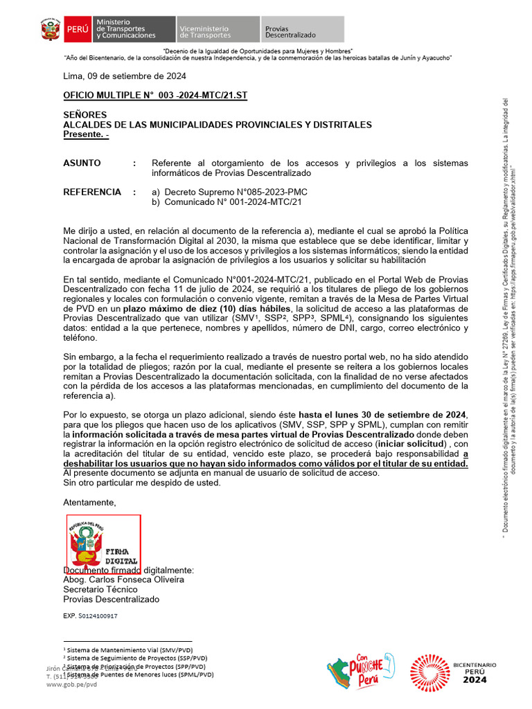 1. OFICIO MULTIPLE - 003-2024-MTC21.ST (1) | PDF