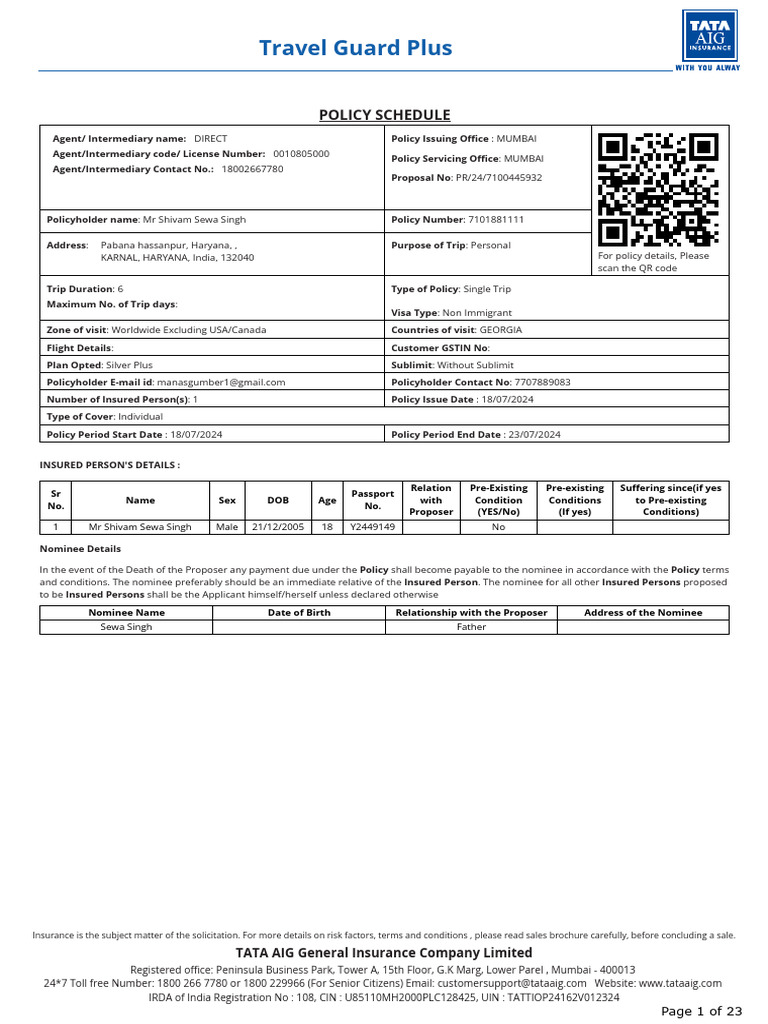 Travel Guard Plus: Policy Schedule | PDF