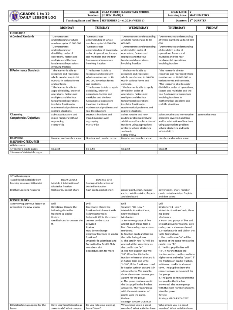 DLL - Mathematics 5 - Q1 - W6 | PDF