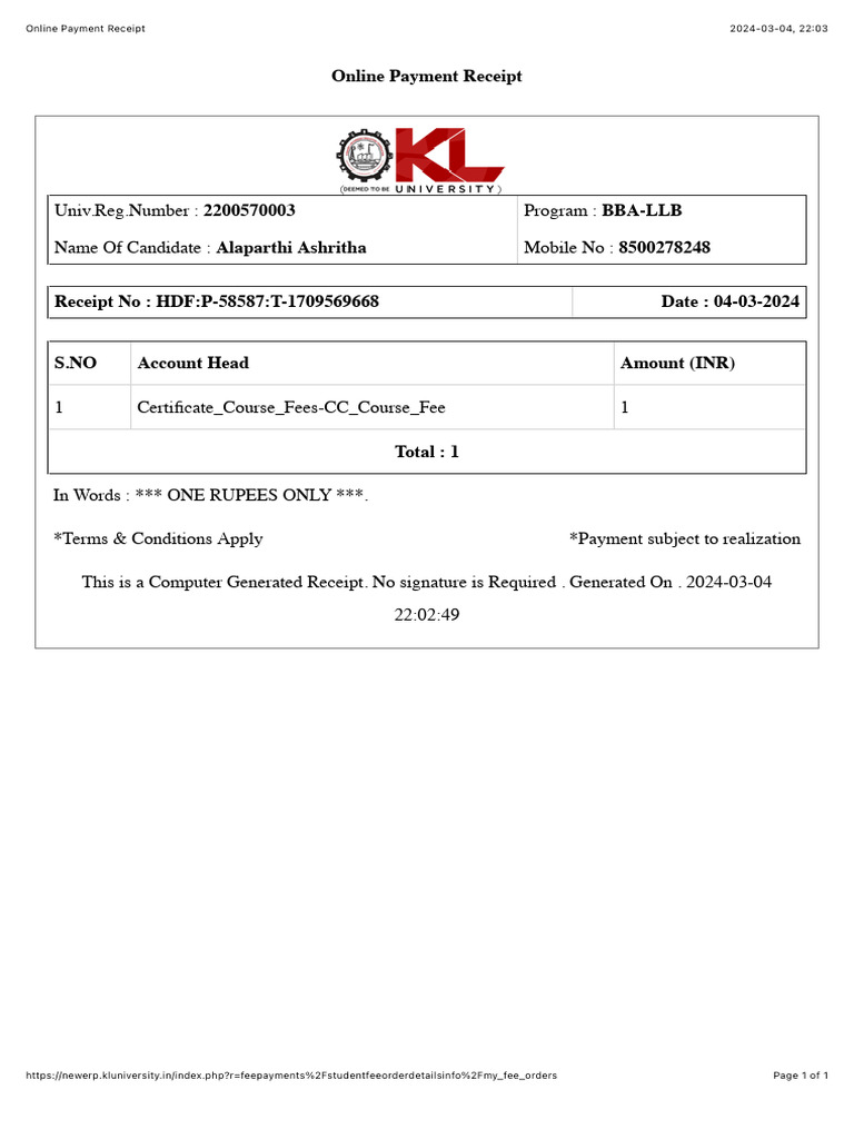 Certidficate Course Payment Receipt 2024 (Even Sem) | PDF