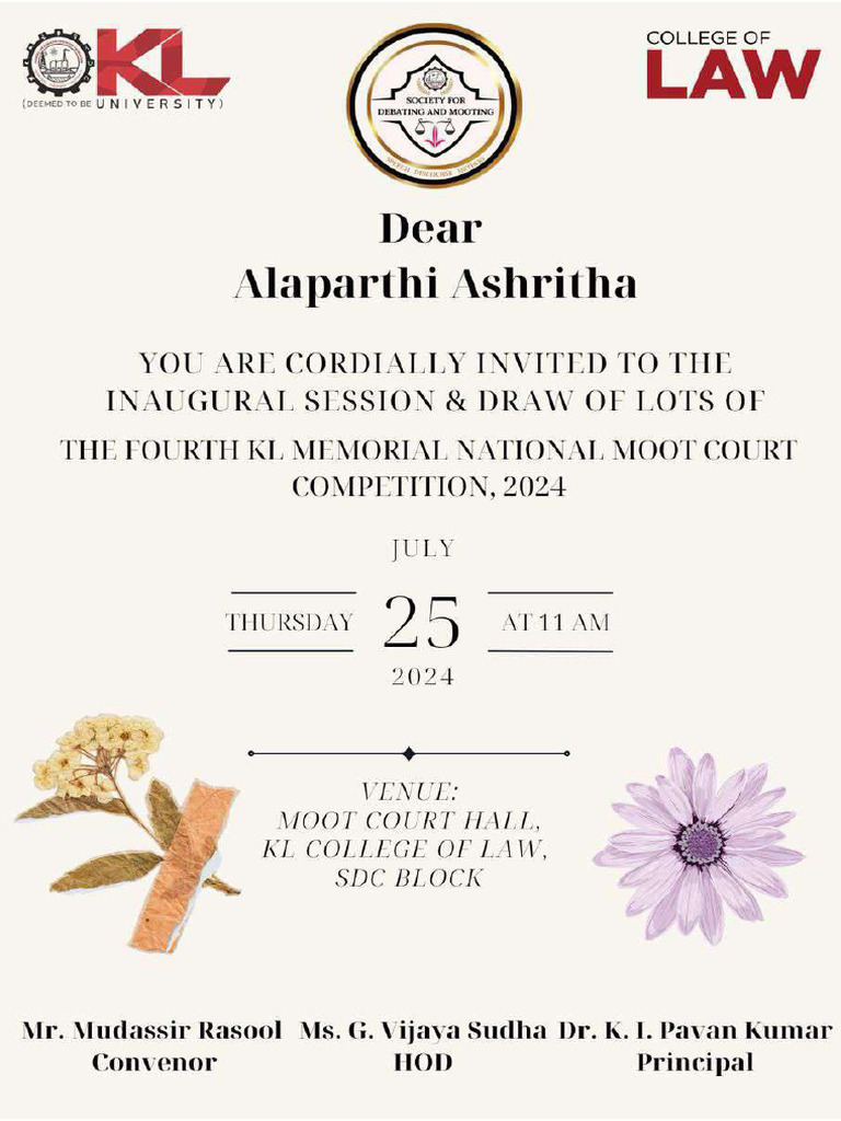 invitation for 4th KL Memorial National Moot Court Competition | PDF