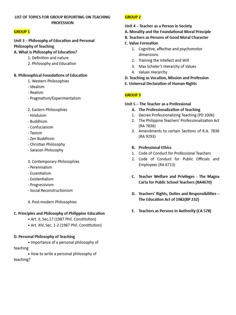 Ist of Topics For Group Reporting On Teaching Profession | PDF