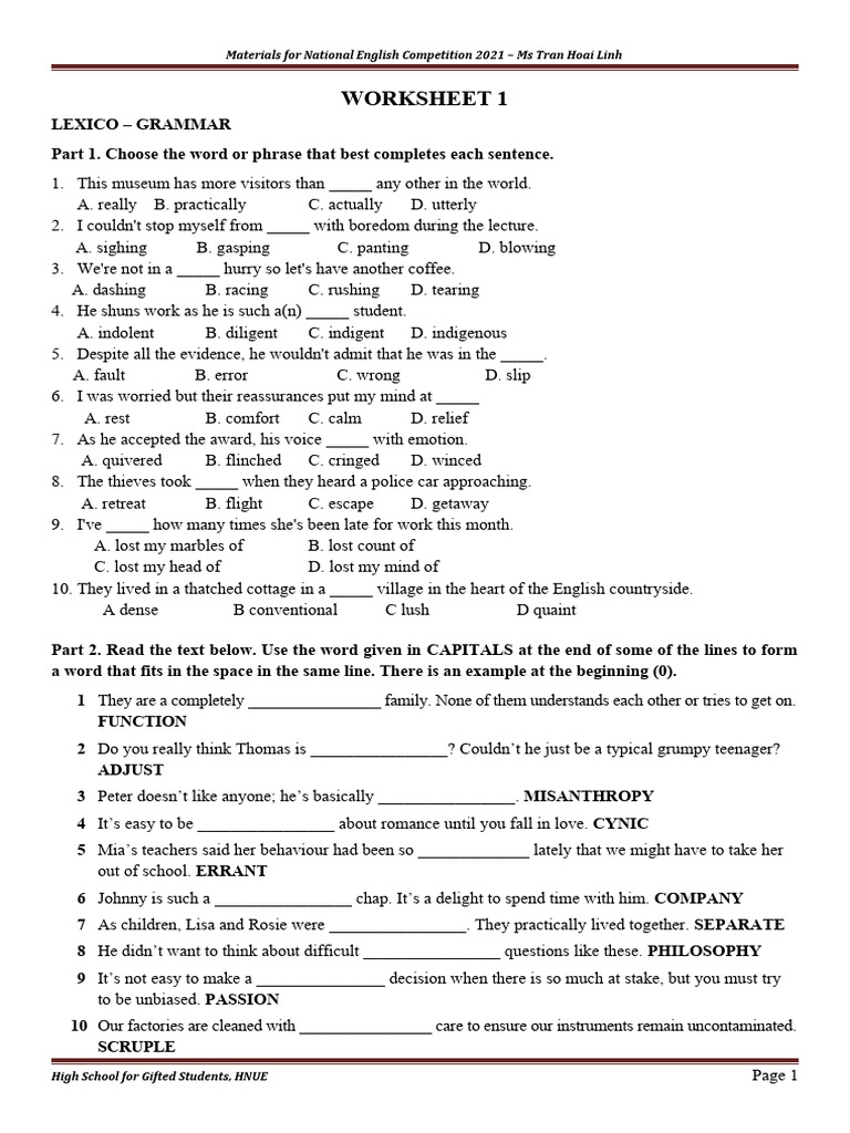 Worksheet 1 Materials For National English Competition 2021 Ms Tran ...