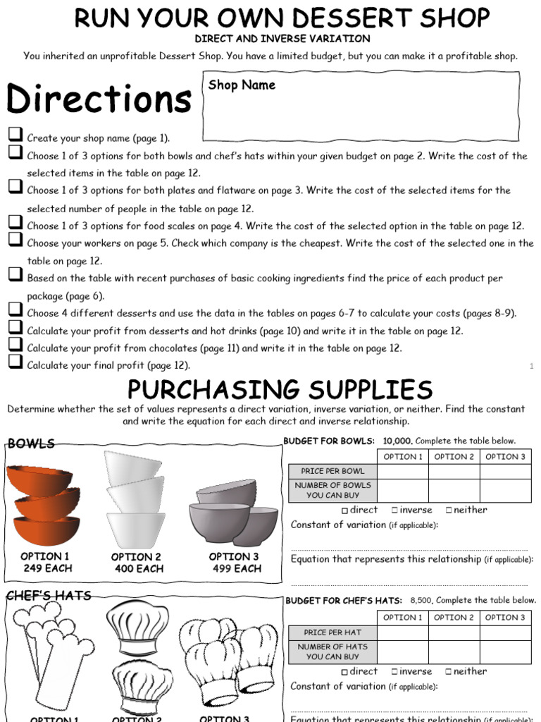 Direct and Inverse Variation DESSERT SHOP | PDF