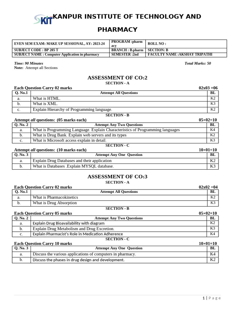 BP 205 T Makeup Sessional Paper | PDF
