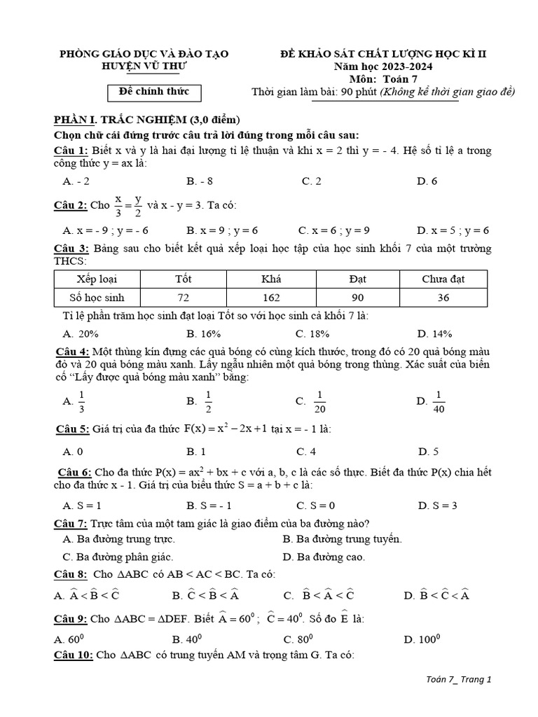 De Hoc Ki 2 Toan 7 Nam 2023 2024 Phong GDDT Vu Thu Thai Binh | PDF