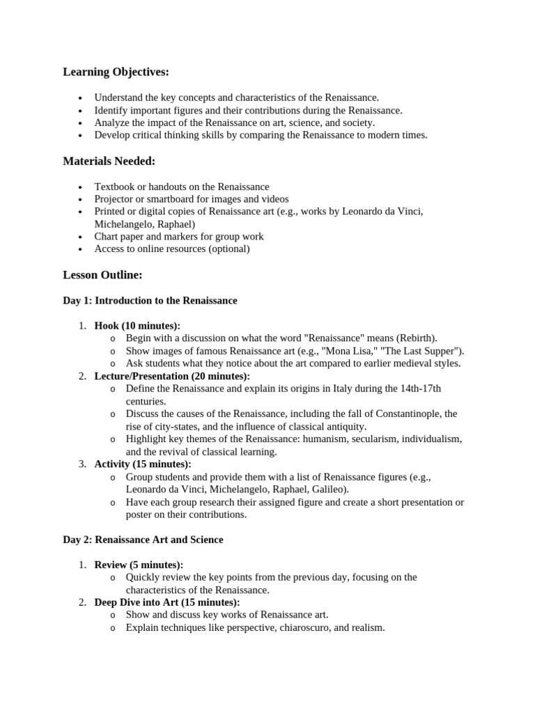 Lesson Plan About Renaissance | PDF