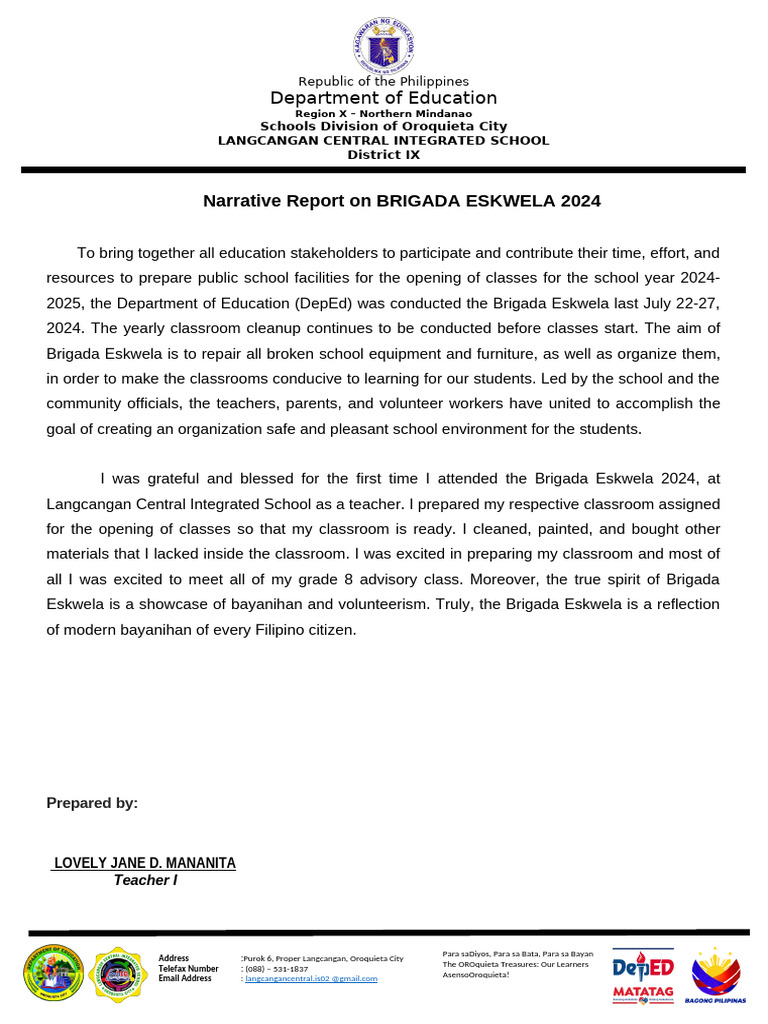 narrative report BRIGADA ESKWELA | PDF