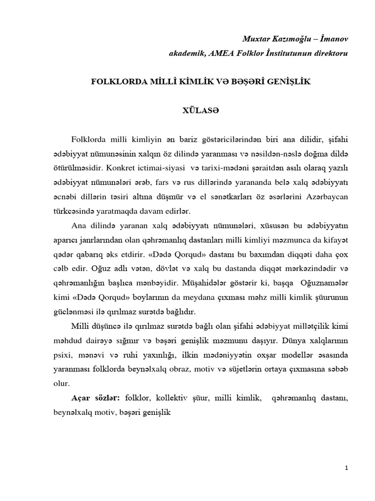 M Imanov Folklorda Milli Kimlik Ve Beser | PDF