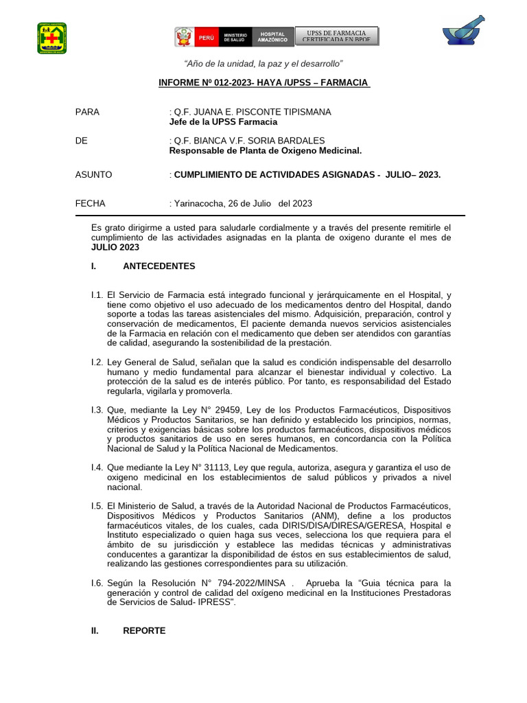 Informe #012 - 2023 Actividades Asignadas Julio | PDF