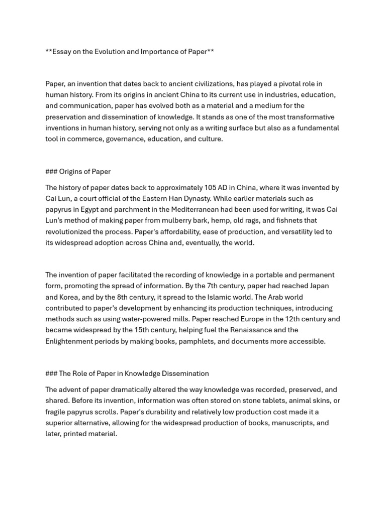 Essay On The Evolution and Importance of Paper | PDF
