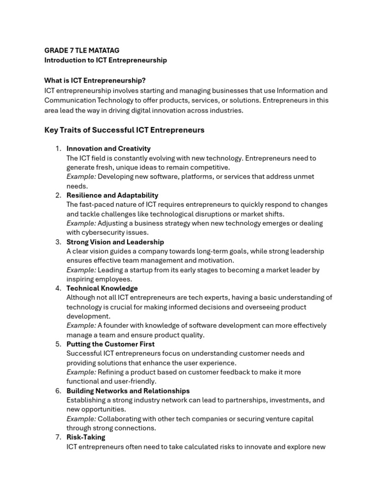 TLE Asynch Reading Material ICT Entrepreneurship 090424 | PDF TLE Asynch Reading Material ICT Entrepreneurship 090424 | PDF