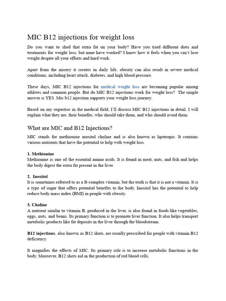 Mic B12 Injections For Weight Loss | PDF