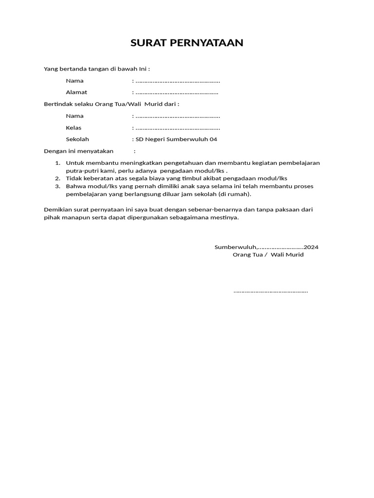 Surat Pernyataan Ortu | PDF