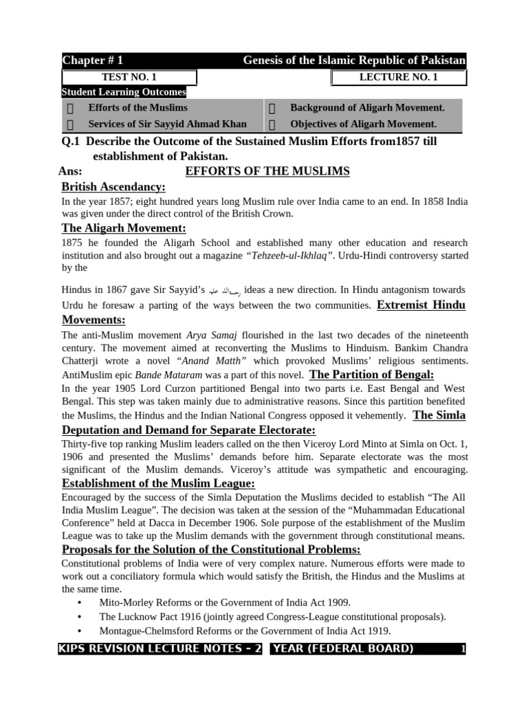 Pakistan Studies Chapter-1 Hssc-Ii Notes Fbise | PDF | All India Muslim ...