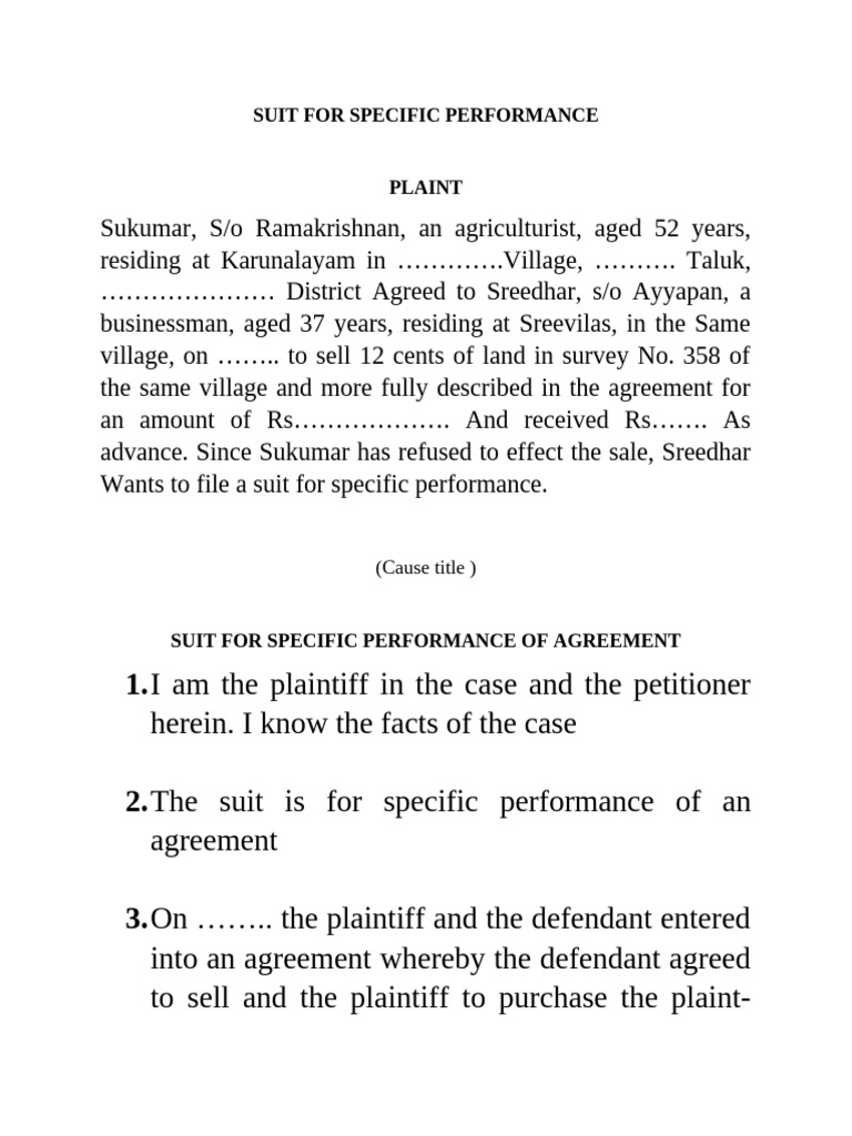 Suit For Specific Performance | PDF | Lawsuit | Deed
