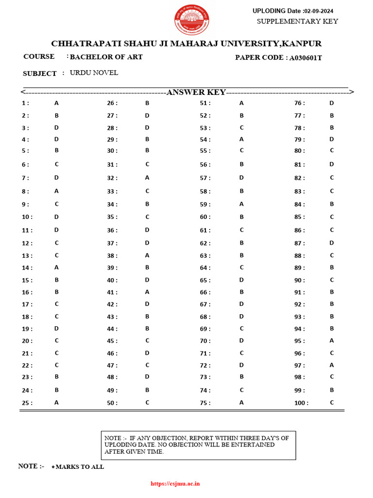 Supplementary Exams Answer Keys | PDF