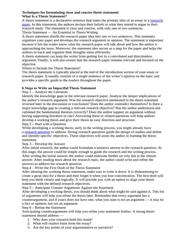 Techniques For Formulating Clear and Concise Thesis Statement | PDF | Argument | Essays