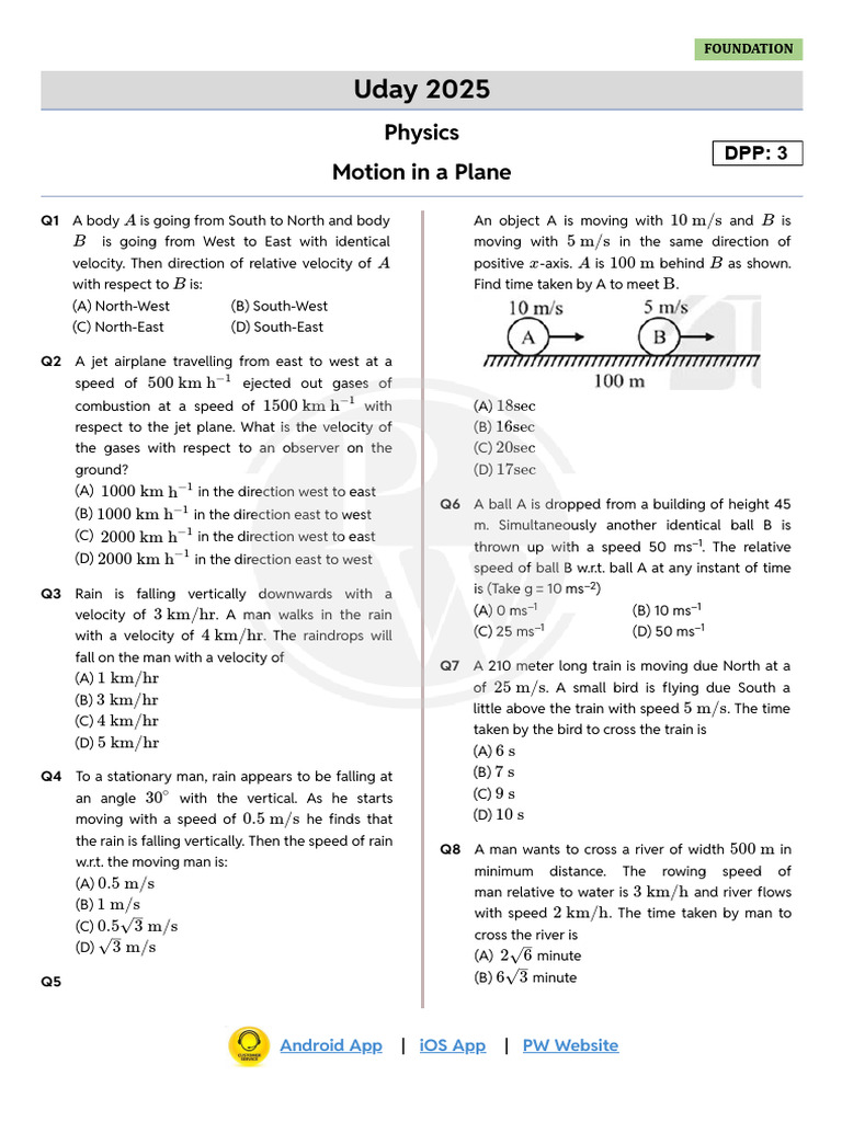 Motion in A Plane - DPP 03 (Of Lecture 08) - Uday 2025 | PDF
