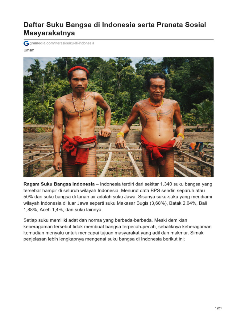 Daftar Suku Bangsa Di Indonesia Serta Pranata Sosial Masyarakatnya | PDF
