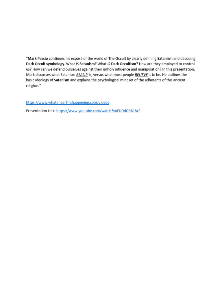 De Mystifying The Occult Part II Satanism The Dark Occult Mark Passio | PDF