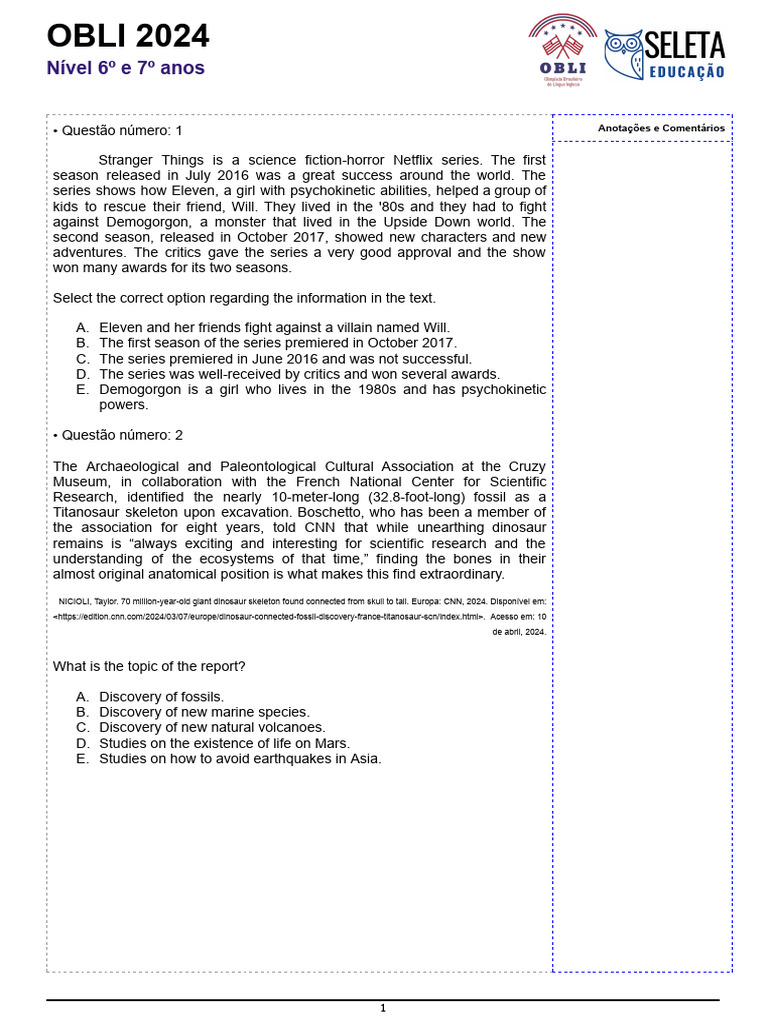 Prova OBLI Nível 6º e 7º Anos 2024.1 | PDF