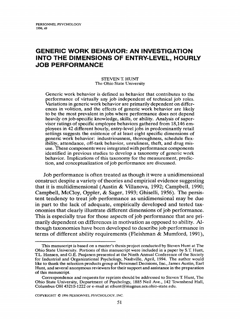 Industry - Hourly Job Performance Dimensions 1 | PDF