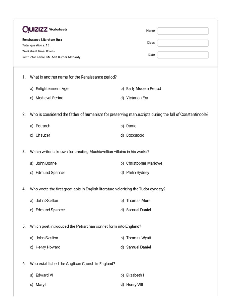 Renaissance Literature Quiz - Quizizz | PDF
