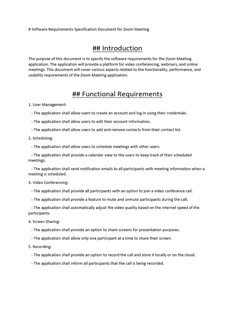 Software Requirements Specification Document For Zoom Meeting | PDF
