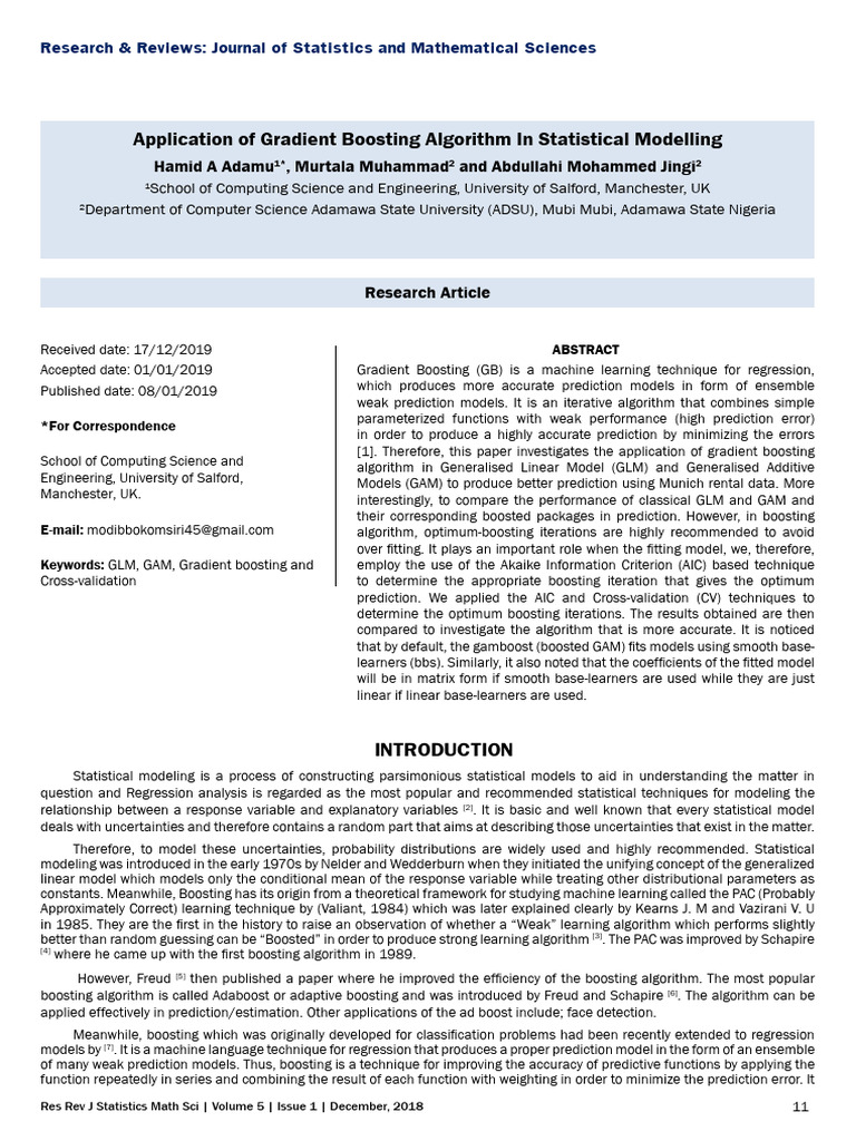 Application of Gradient Boosting Algorithm in Statistical Modelling | PDF