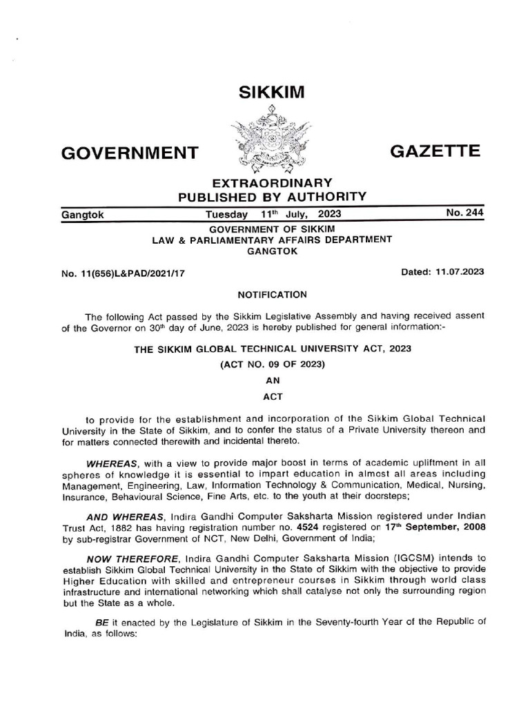 SIKKIM_GLOBAL_TECHNICAL_UNIVERSITY_ACT,_2023_20230718 | PDF