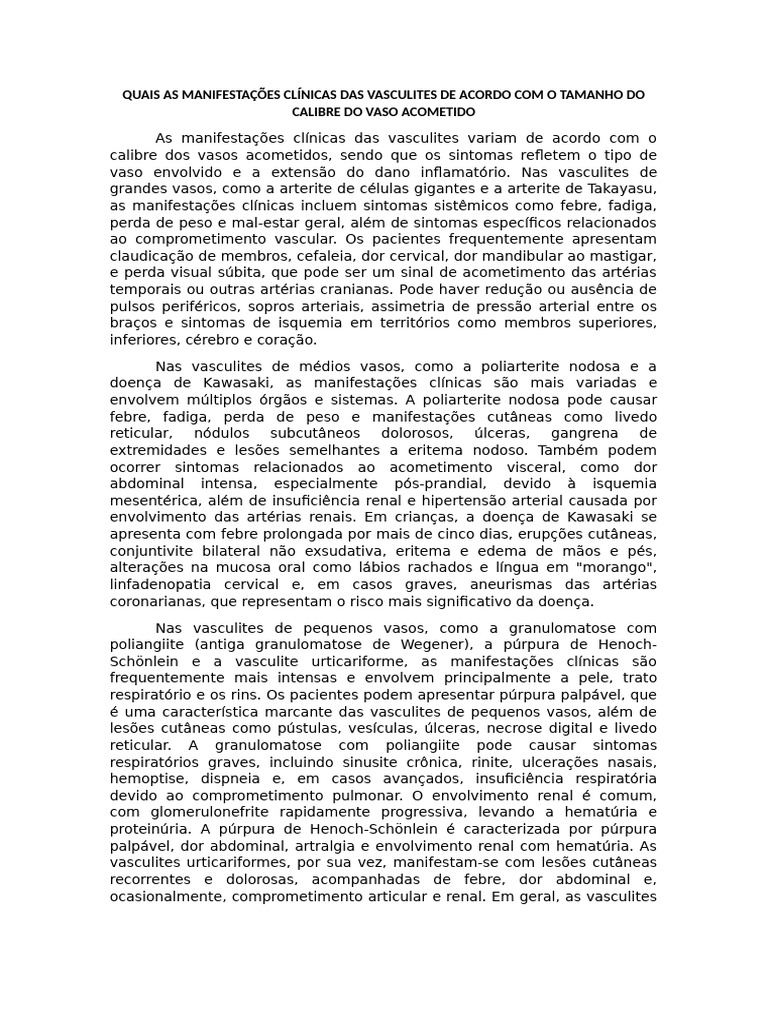 Tics 6 Quais As Manifestações Clínicas Das Vasculites de Acordo Com o ...
