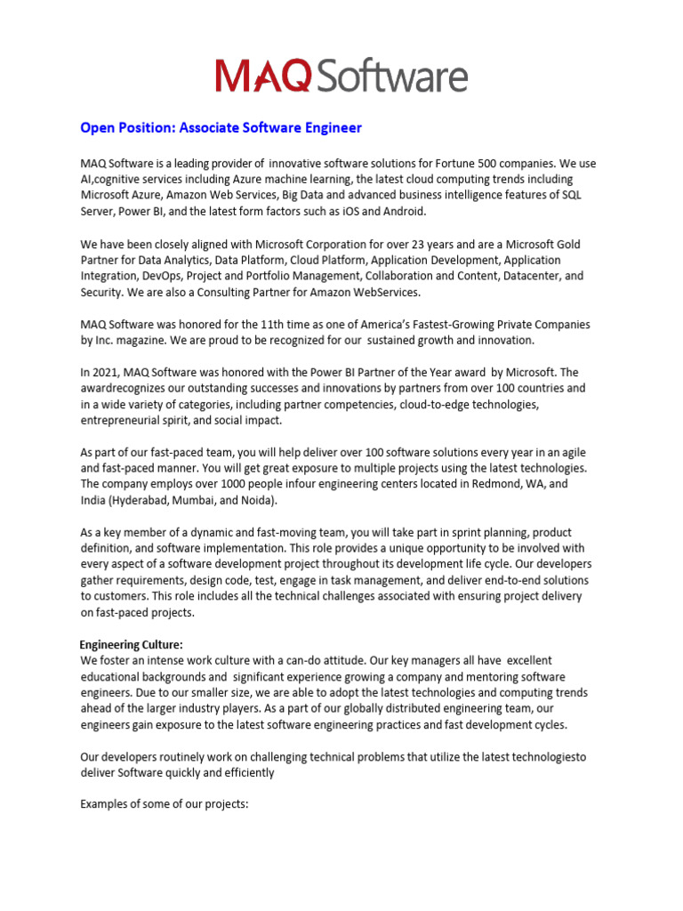MAQ Software - Job Description - Associate Software Engineer | PDF