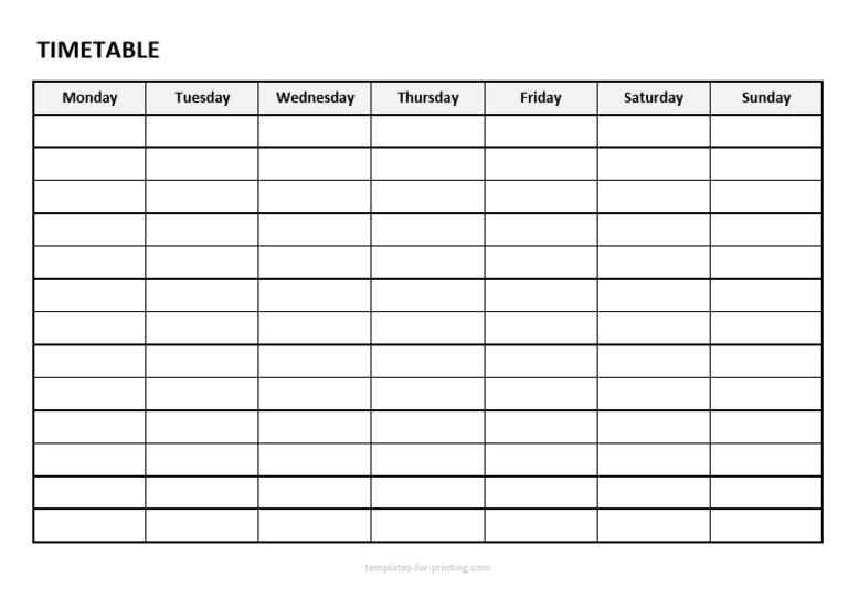 Timetable From Monday To Sunday Without Timefield A4 | PDF