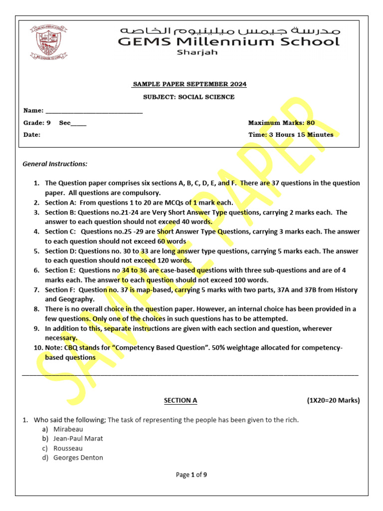 Grade 9 Indian SST Sample Paper | PDF