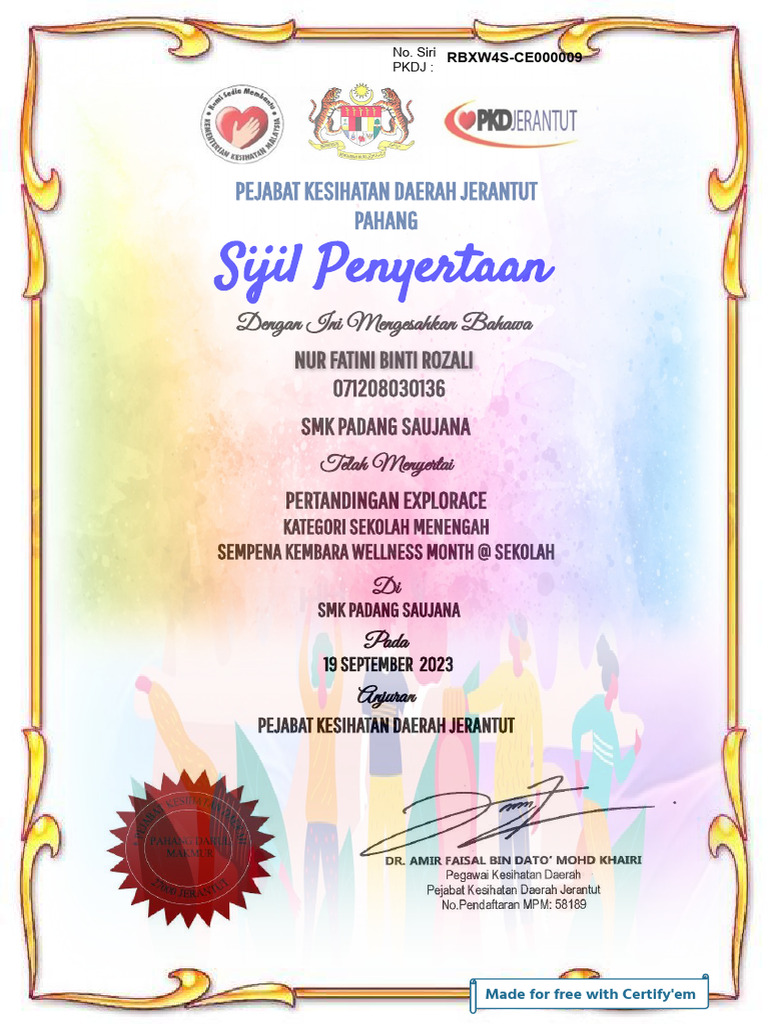Certificate For NUR FATINI BINTI ROZALI For "Pertandingan Explorace Kate... " | PDF