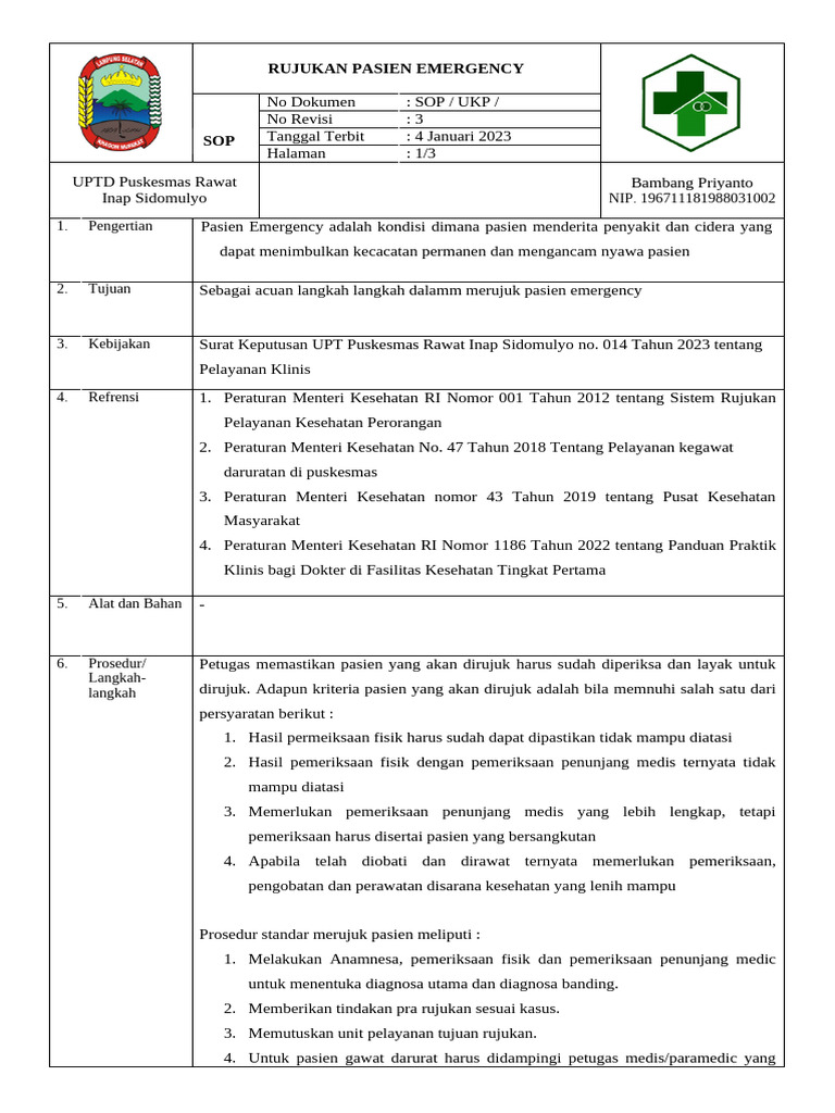 Sop Rujukan Pasien Emergency | PDF
