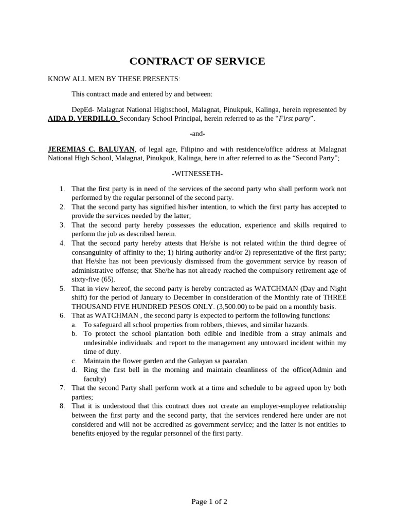 CONTRACT OF SERVICE Sir Baluyan | PDF