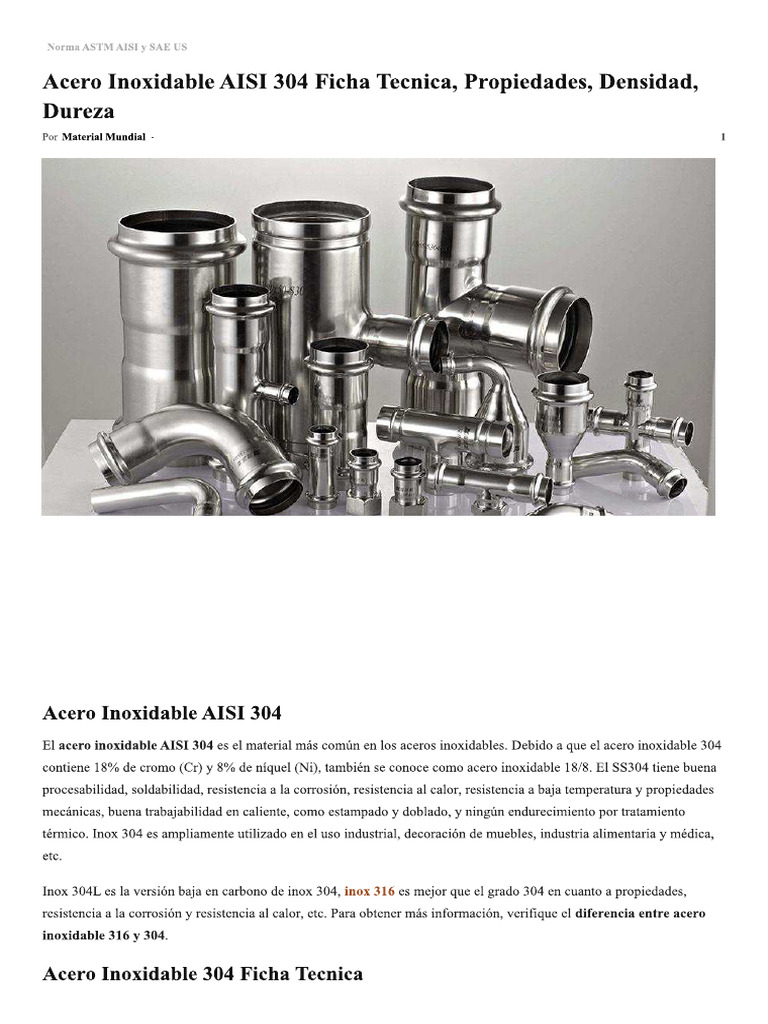 Acero Inoxidable AISI 304 Ficha Tecnica... Idad, Dureza - Material ...