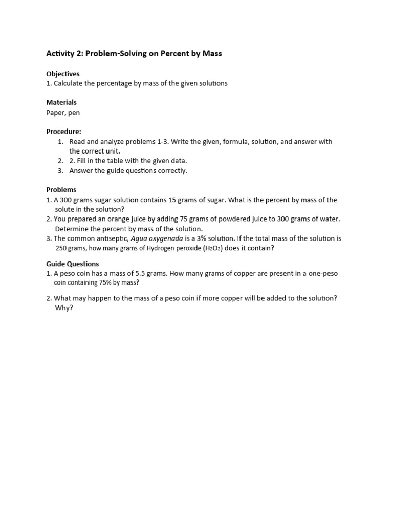 Percent by Mass Problem-Solving Guide | PDF | Science & Mathematics