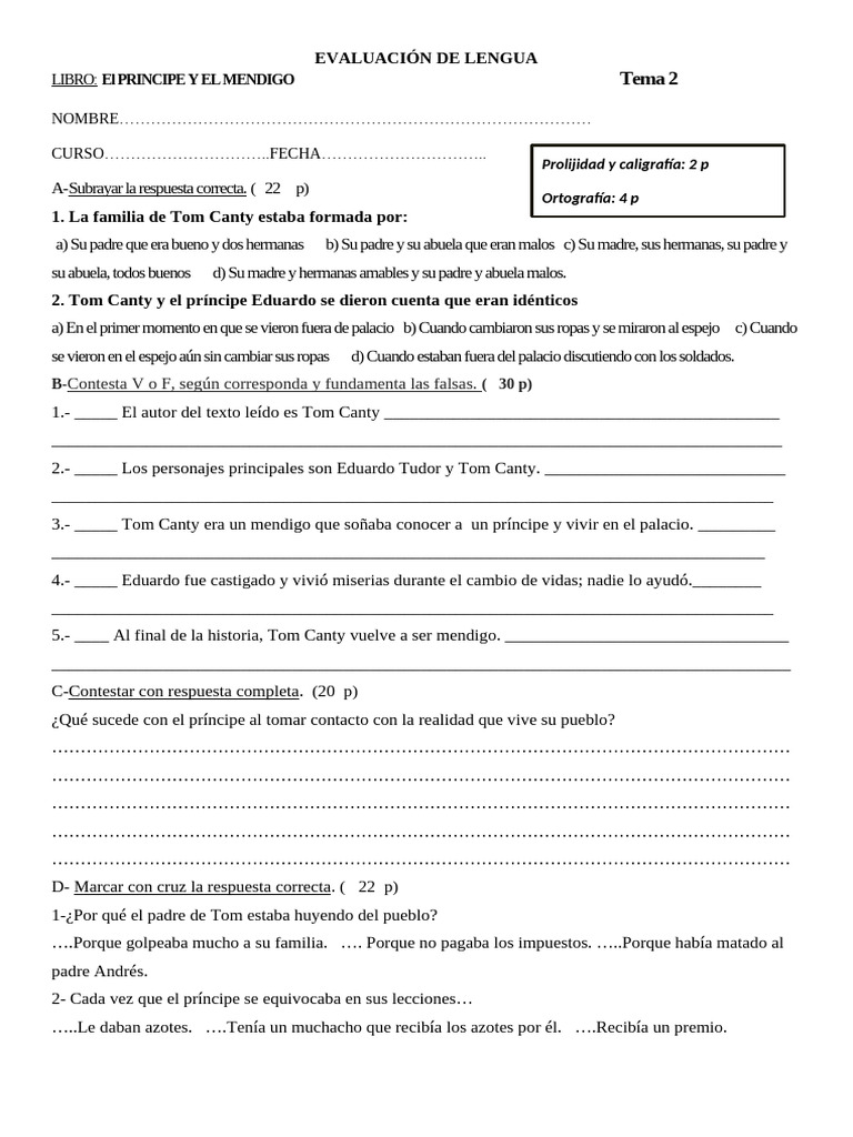 Prueba El Príncipe y El Mendigo | PDF