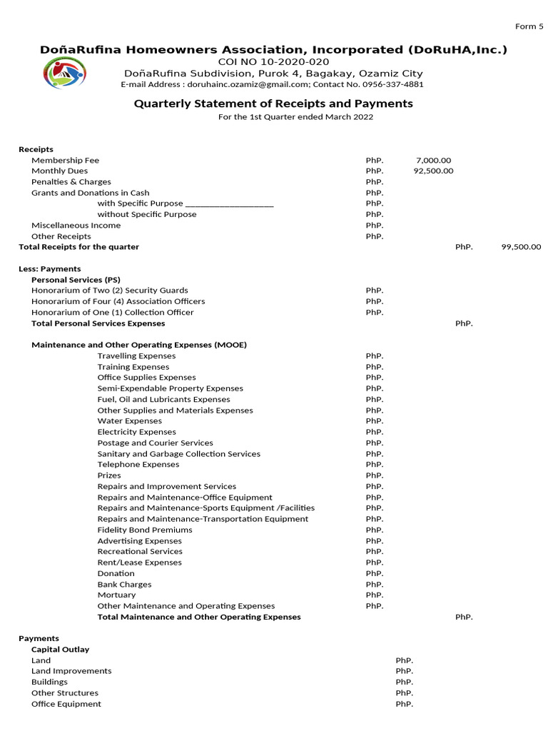 Form 5. Quarterly Statement of Receipts and Payments (1st) CY 2024 | PDF