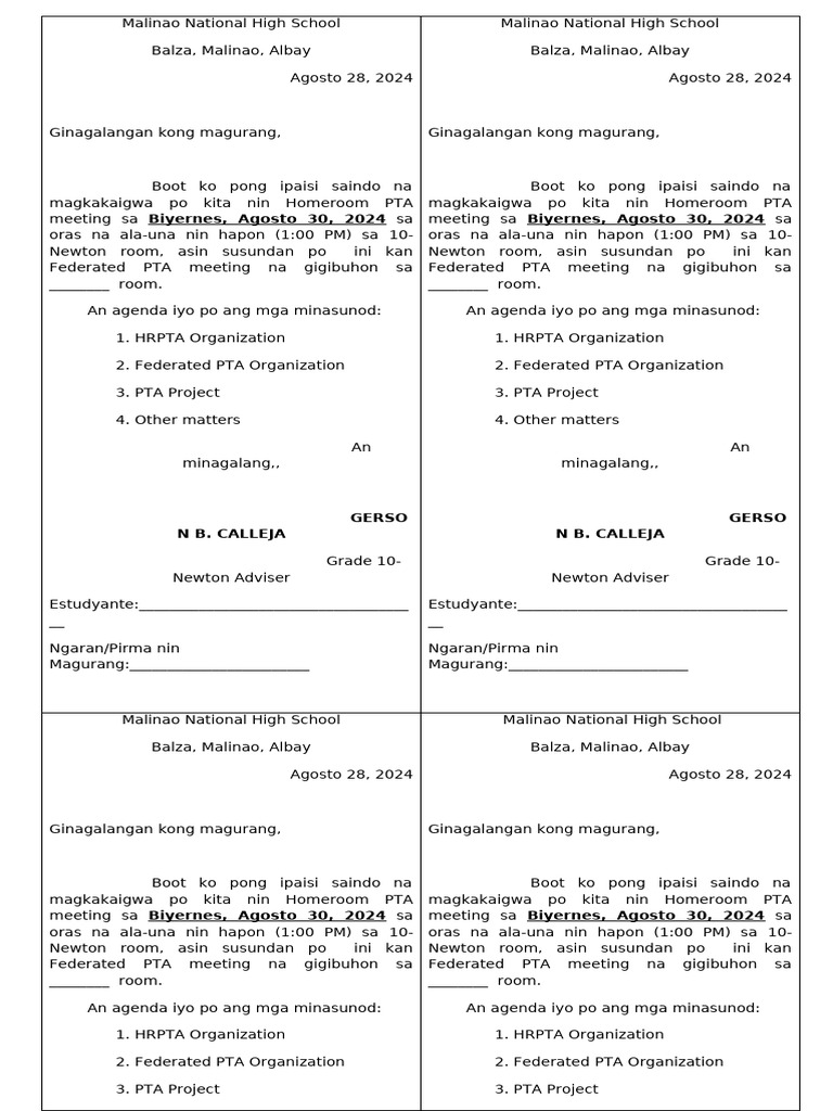 PTA Meeting Letter To Parent | PDF